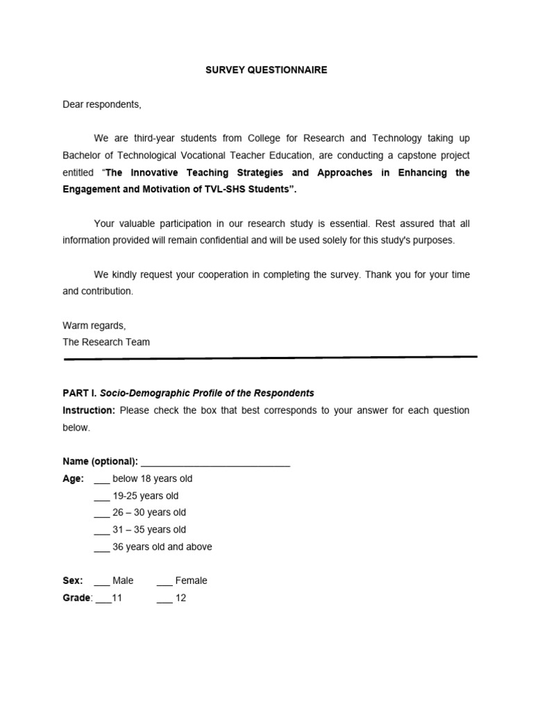 Survey Questionnaire Edited | PDF | Differentiated Instruction | Learning