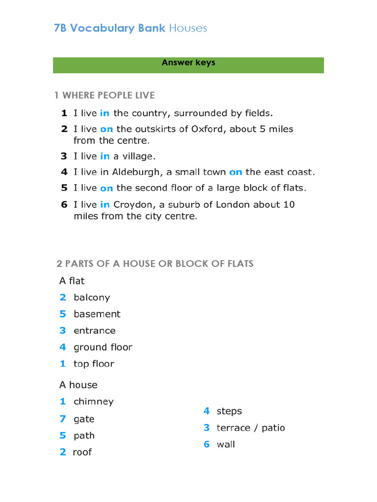 7b Vocabulary Bank Answer Keys | PDF