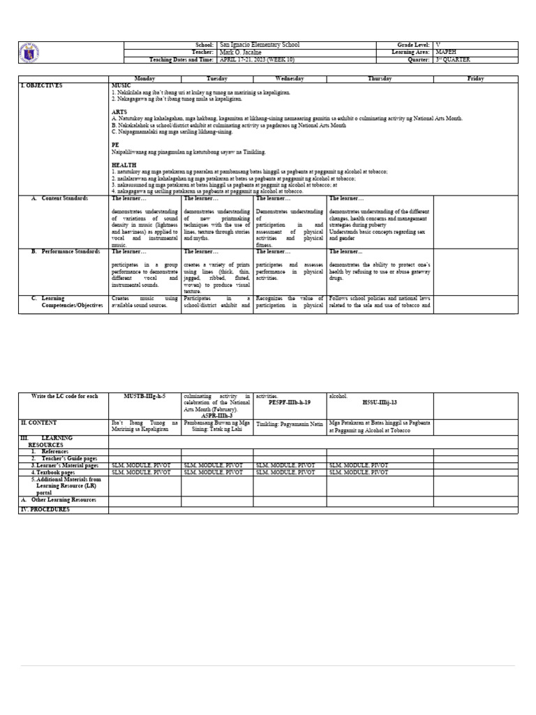 DLL Mapeh Q3 G5 W10 | PDF