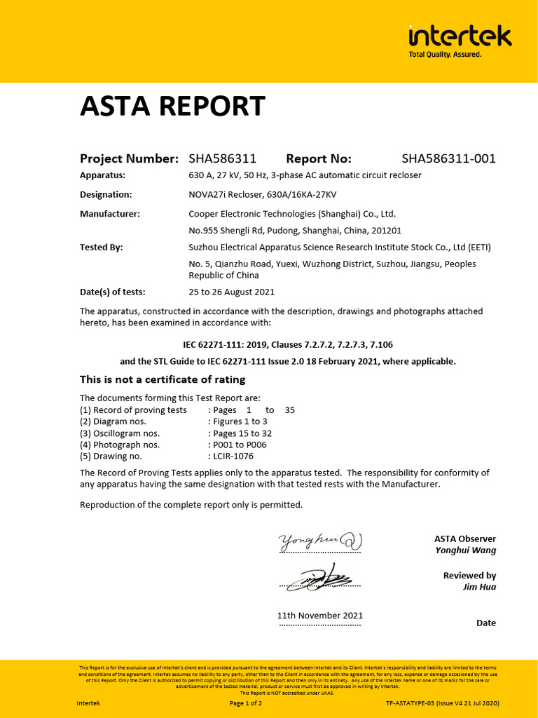 ASTA Report on NOVA27i Recloser Testing | PDF | Electrical Breakdown ...
