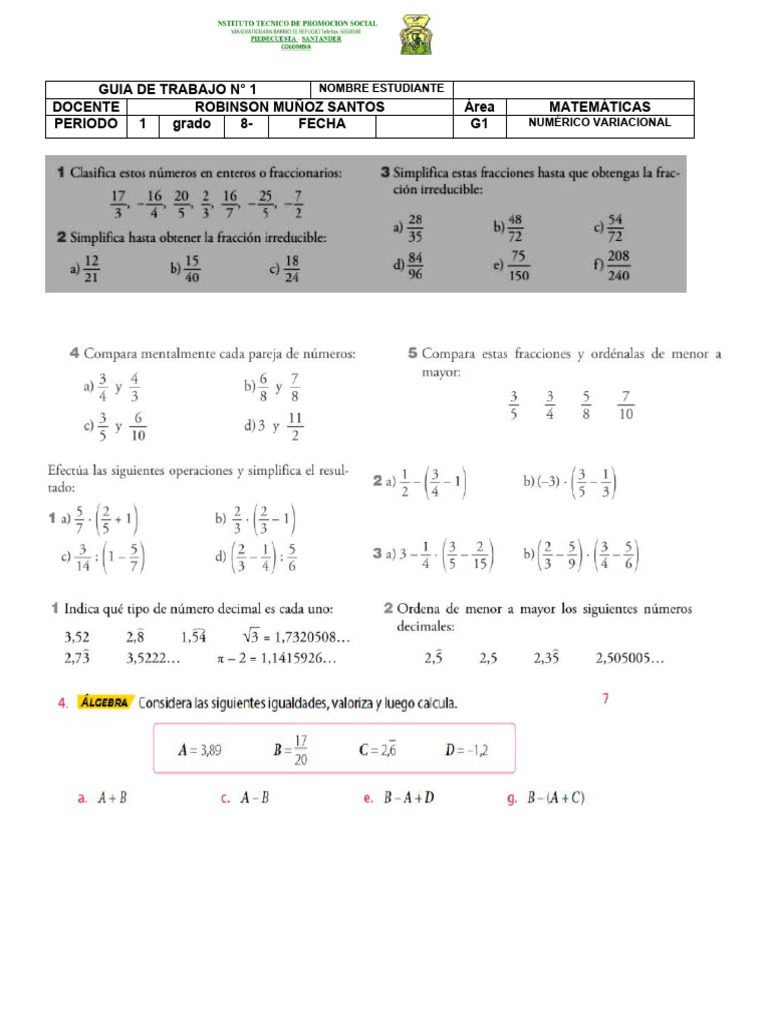 GUIA Operaciones Con Racionales 8 IMPRIMIR 30 | PDF