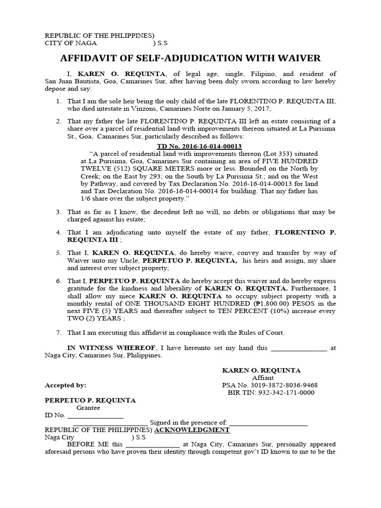 Affidavit of Self-Adjudication Waiver | PDF | Civil Law (Common Law ...