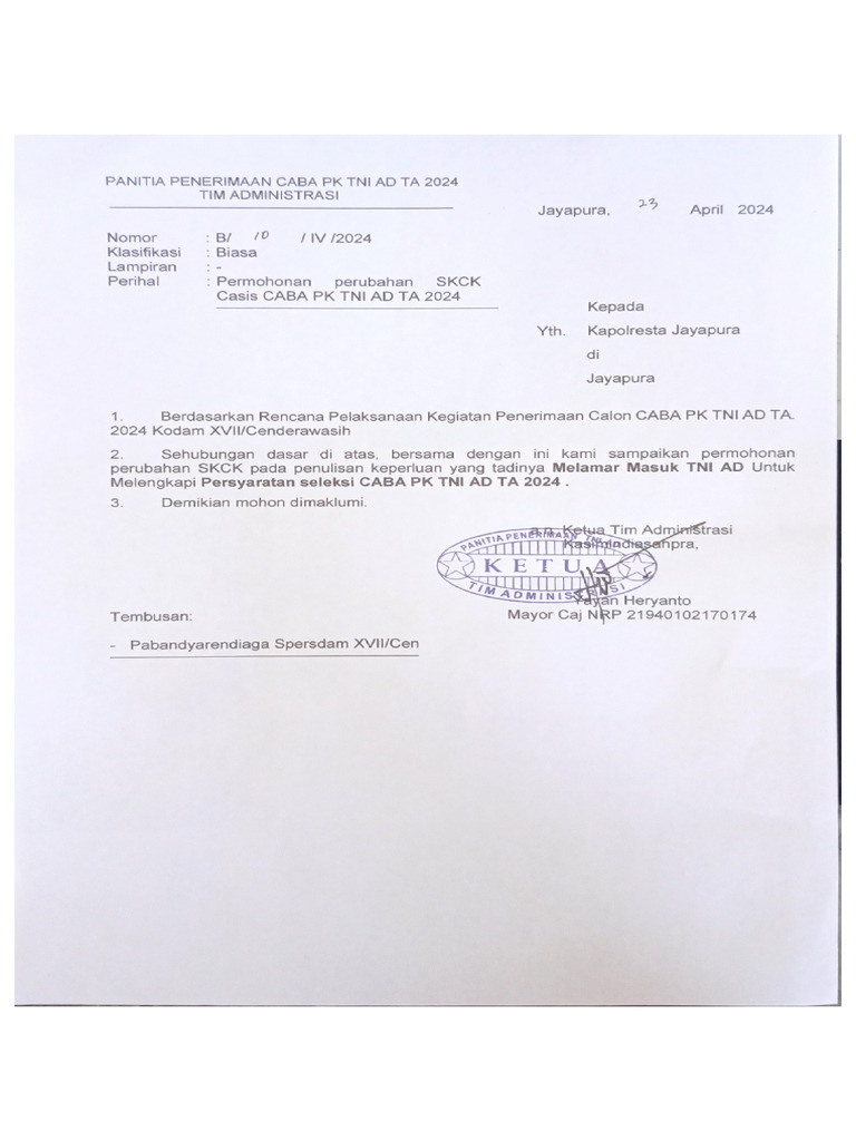 Surat Persyaratan SKCK TNI AD | PDF