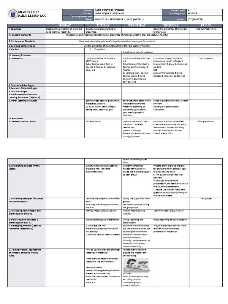 DLL - Science 5 - Q1 - W1 | PDF | Chemical Substances | Reactivity (Chemistry)