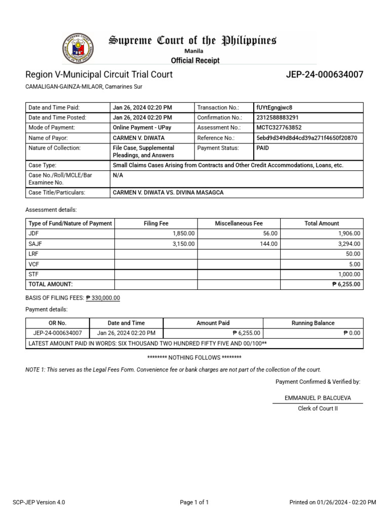 Court Payment Confirmation Notice | PDF | Fee | Services (Economics)