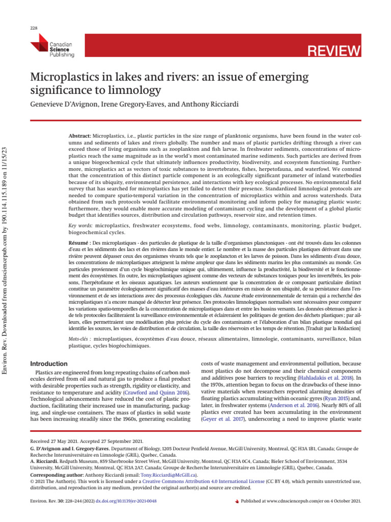 2022 D’Avignon _ Microplastics in Lakes and Rivers an Issue of Emerging | PDF | Environmental ...