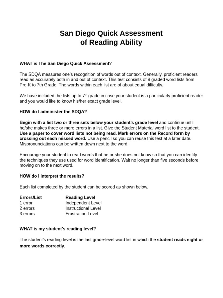 San Diego Quick Reading Assessment Guide | PDF | Learning Methods ...