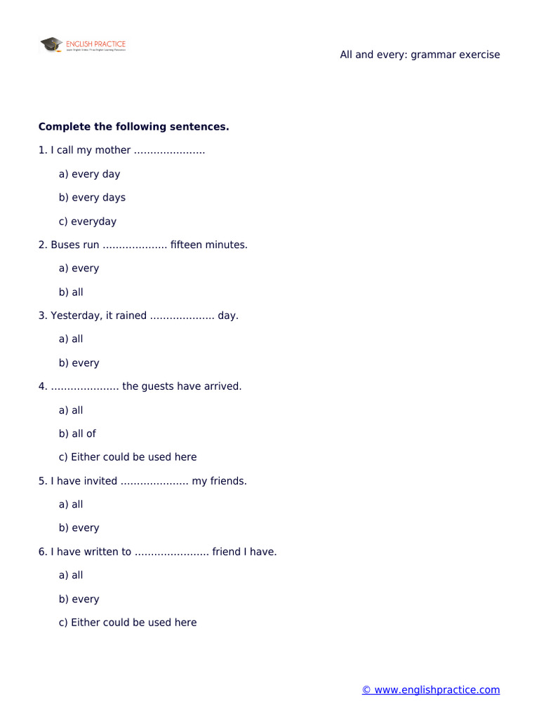 All and Every - Grammar Exercise | PDF