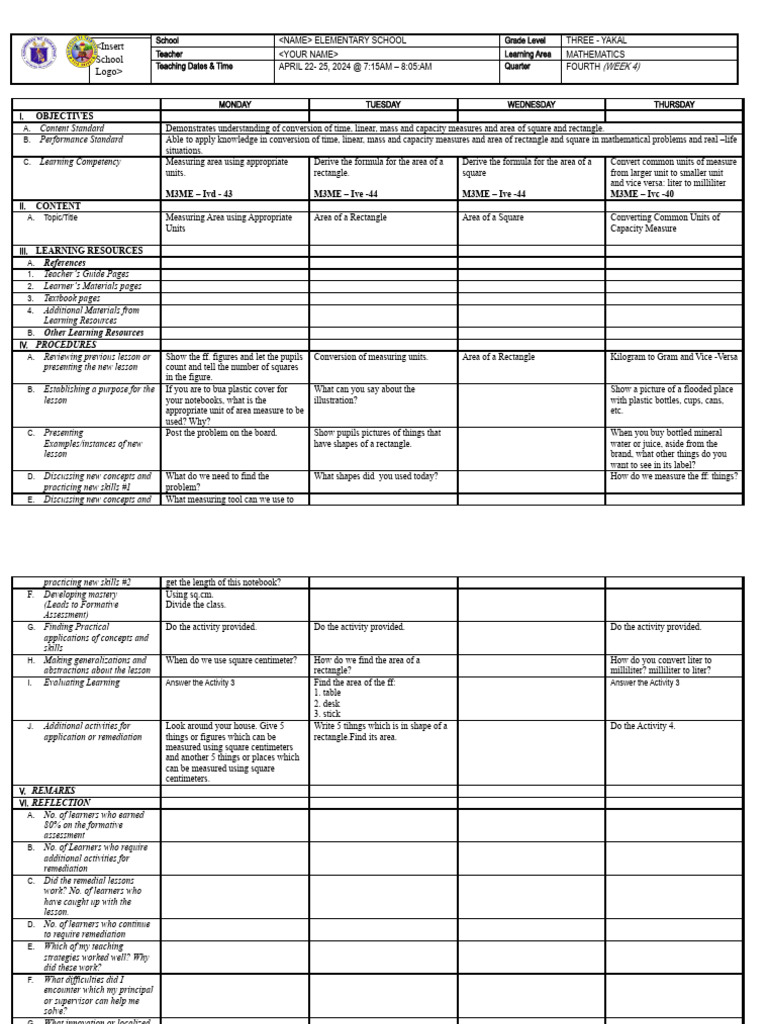 G3 Q4 W4-MATH - DLL For Uploading | PDF | Area | Learning