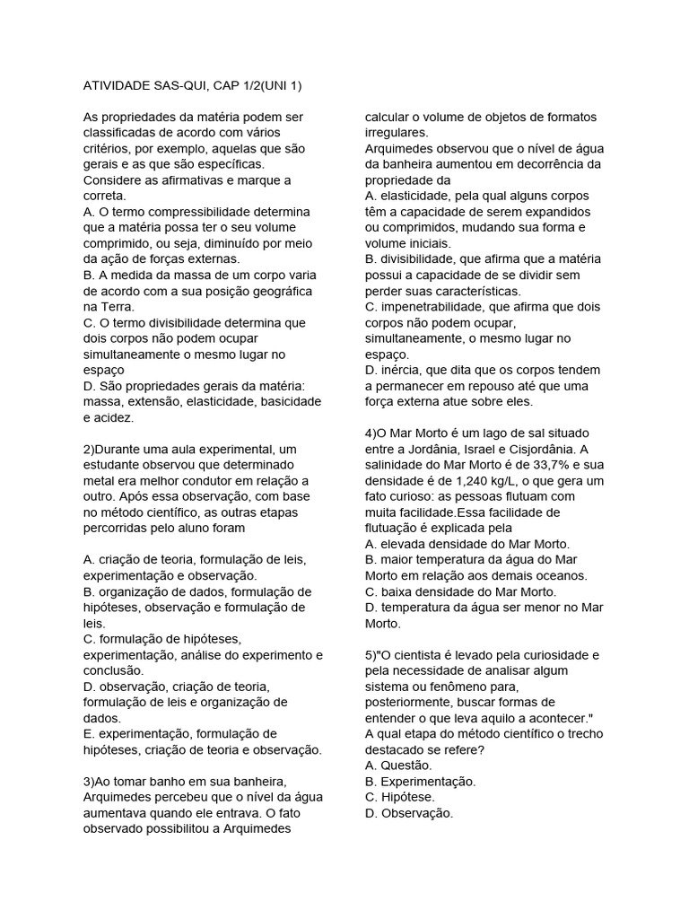 Atividade Sas-Qui, Cap 1 - 2 (Uni 1) | PDF | Science | Método científico