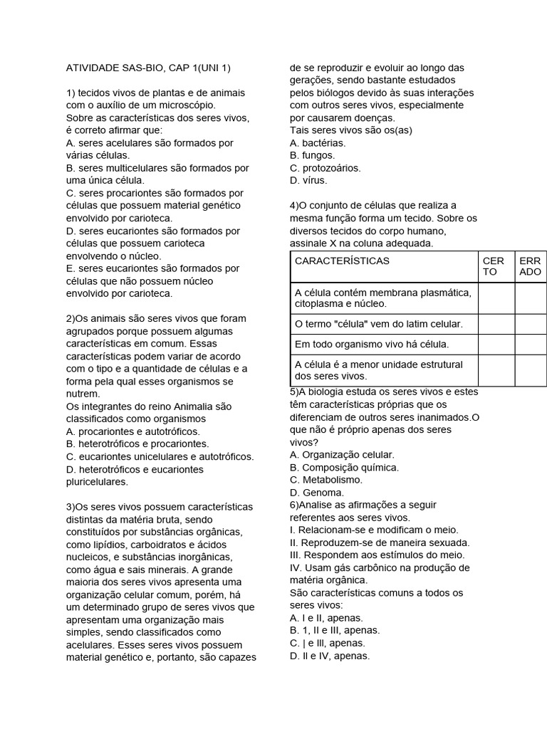Atividade Sas-Bio, Cap 1 (Uni 1) | PDF | Organismos | Célula (Biologia)