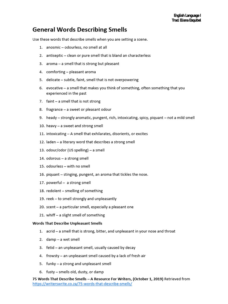 General Words Describing Smells | PDF | Odor | Perfume