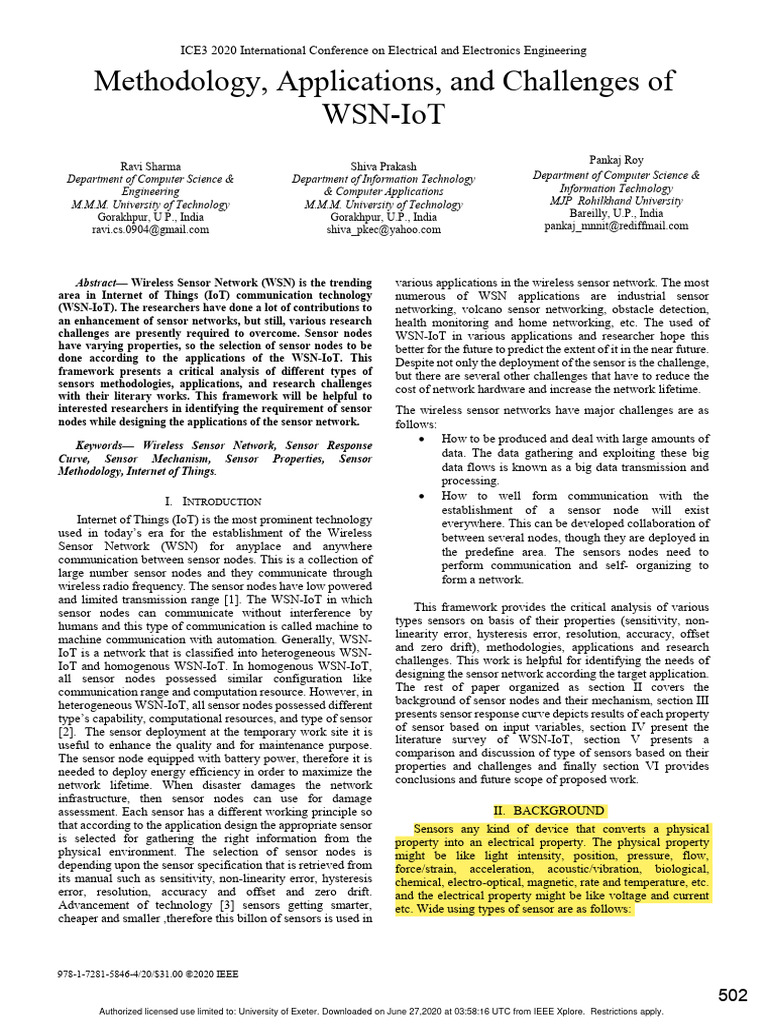 Methodology, Applications, and Challenges of | Download Free PDF | Wireless Sensor Network | Sensor