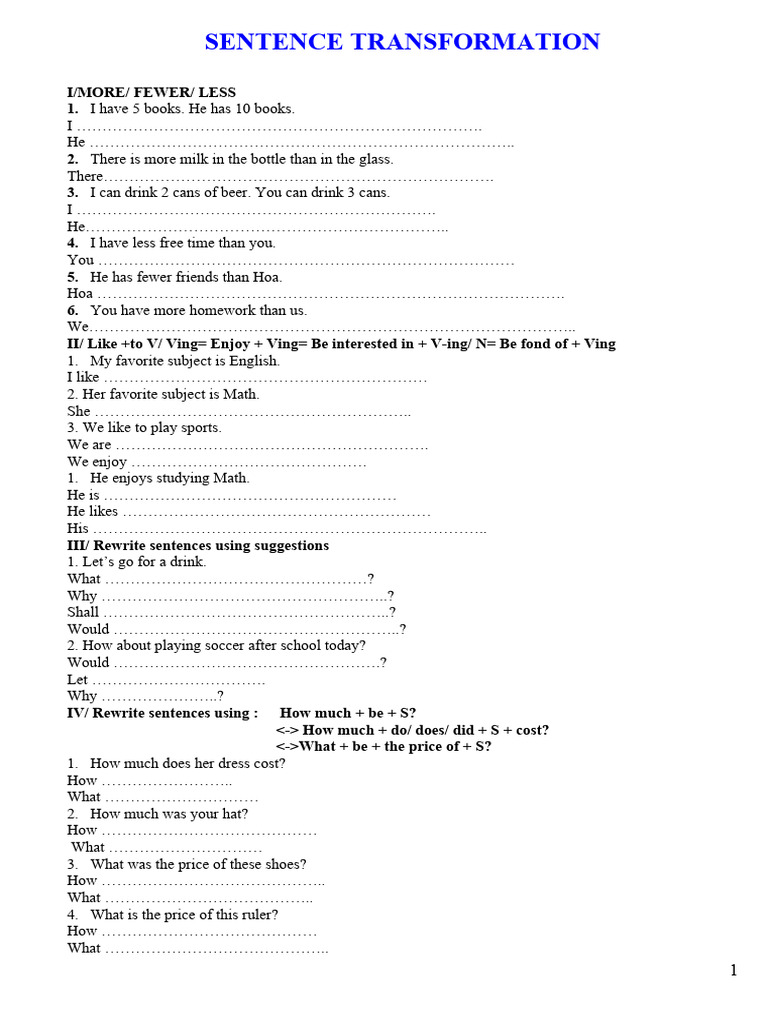 Sentence Transformation Exercises | PDF