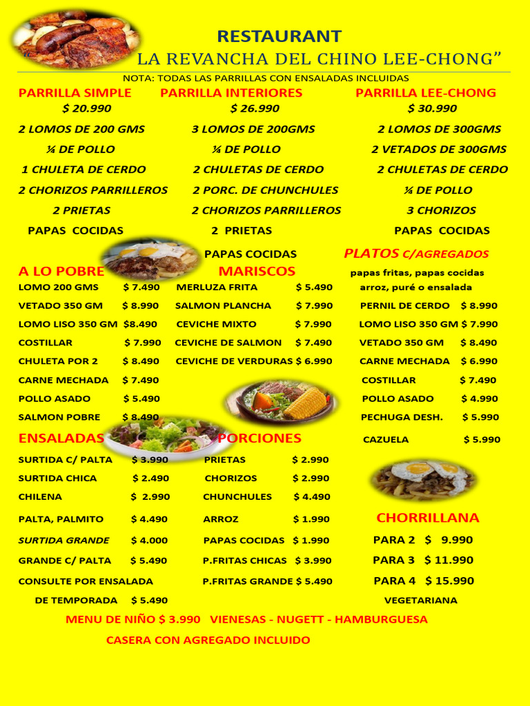 Menú de La Revancha del Chino Lee-Chong | PDF | Hamburguesas | Cerdo