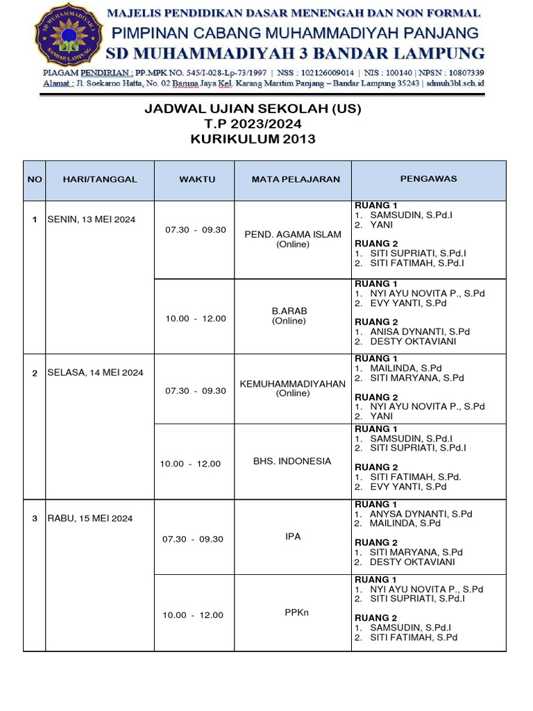 Jadwal Us 2023-2024 Beserta Pengawasnya | PDF