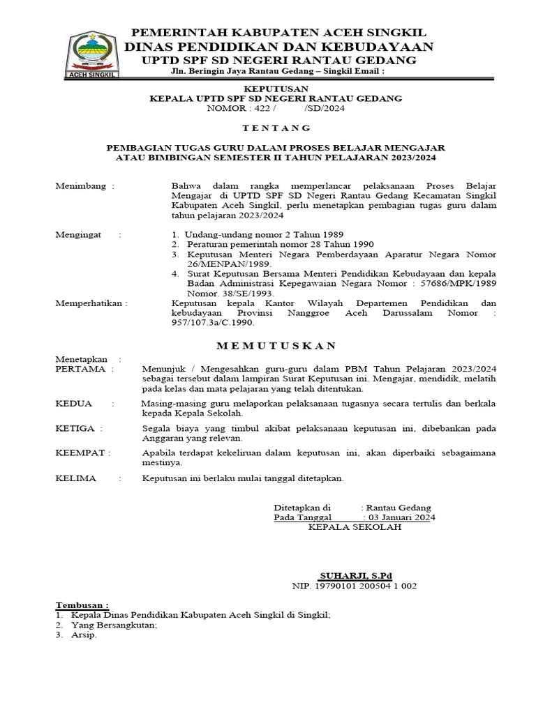 SK Pembagian Tugas SDN RTGD 2023 | PDF