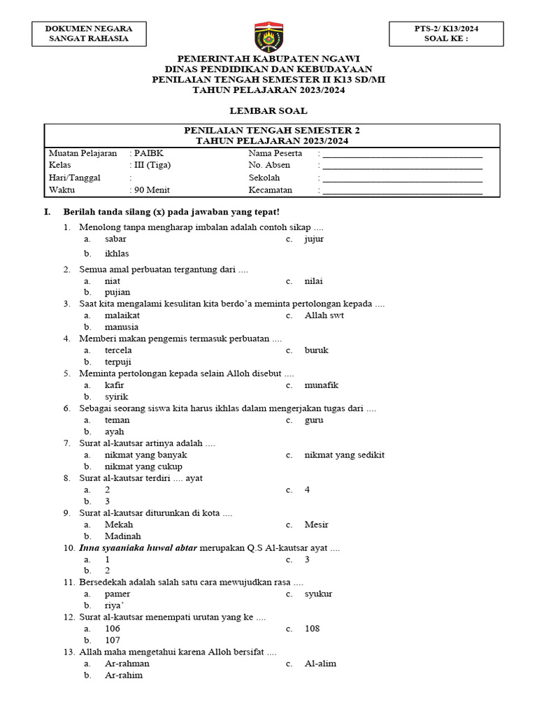 Soal PTS 2 - Pai - Kelas 3 - 2023-2024 | PDF