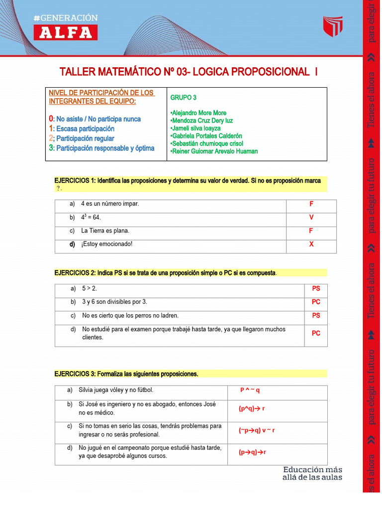 TALLER - MATEMÁTICO - 03 - LÓGICA - PROPOSICIONAL - I - (1) - Completo ...