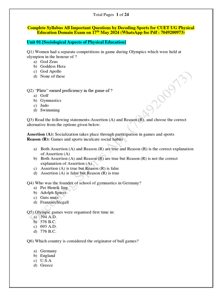 Unit 01 To 05 Marathon Question CUET UG PE by Decoding Sports YouTube ...