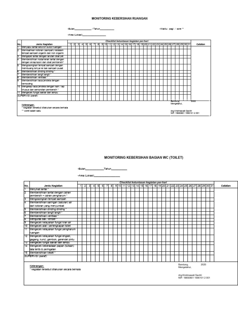 Checklist Monitoring Kebersihan Pdf