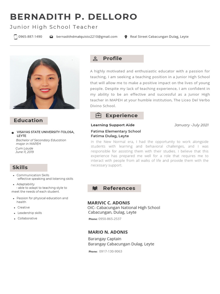 Comprehensive Resume-Bernadith P. Delloro | PDF | Teachers | Cognition