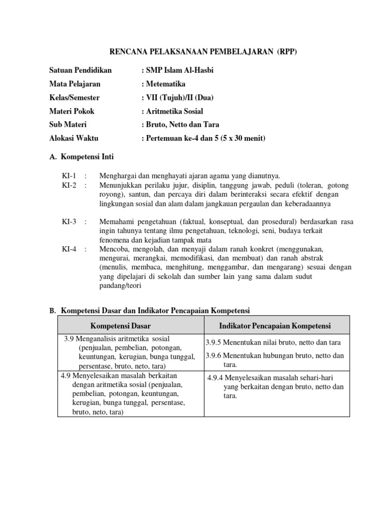 Contoh RPP Materi Bruto, Netto, Tara | PDF