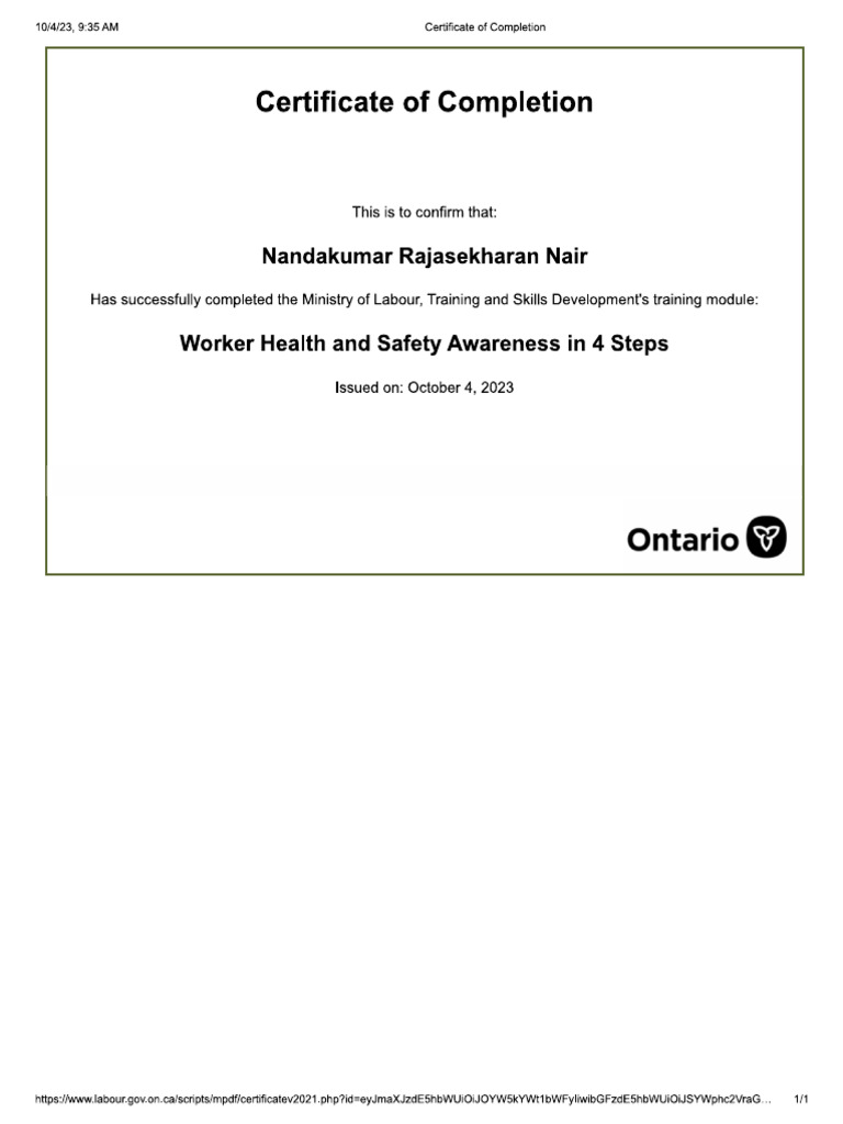 Certificate of Completion - OHAS | PDF