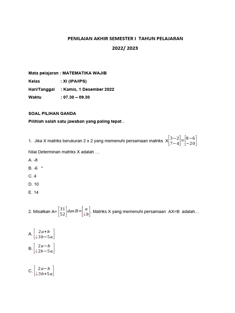 Soal Pas Matematika Wajib Kelas Xi-1 | PDF | Metode & Bahan Ajar