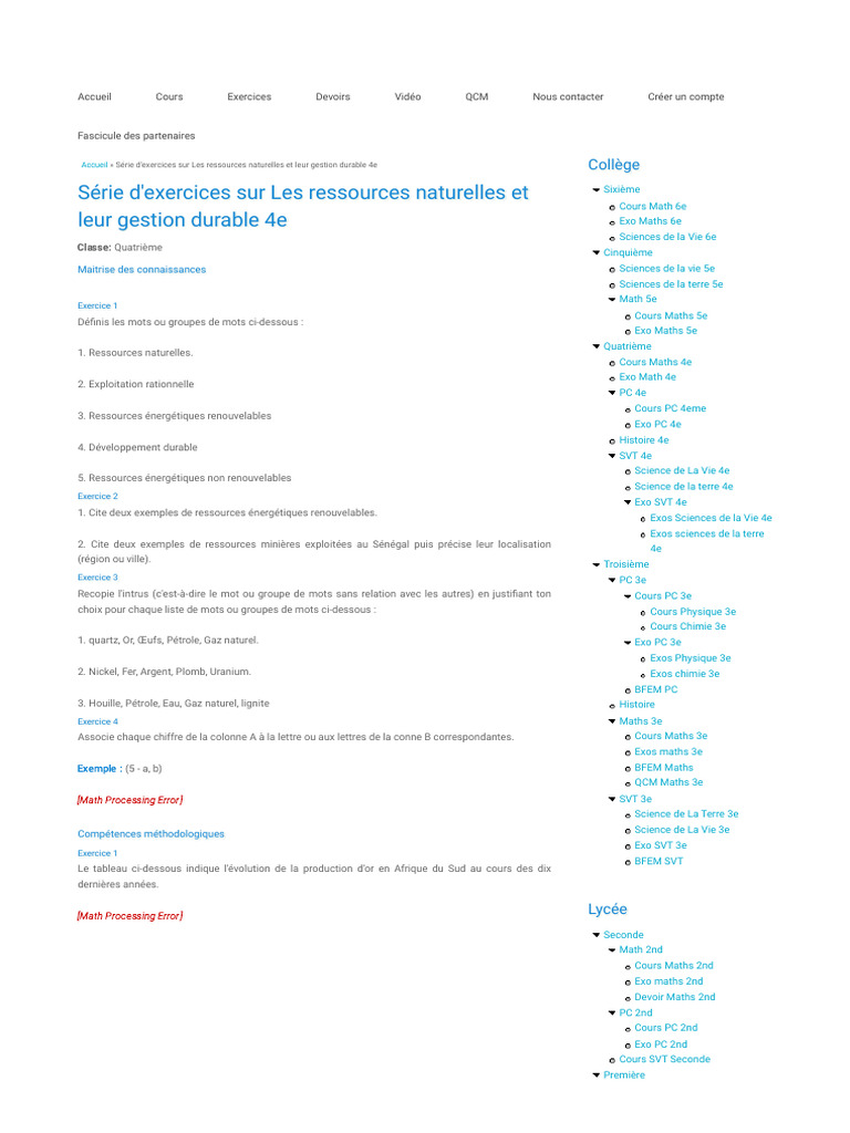 Exercices sur les ressources naturelles 4e | PDF | Mathématiques | La ...