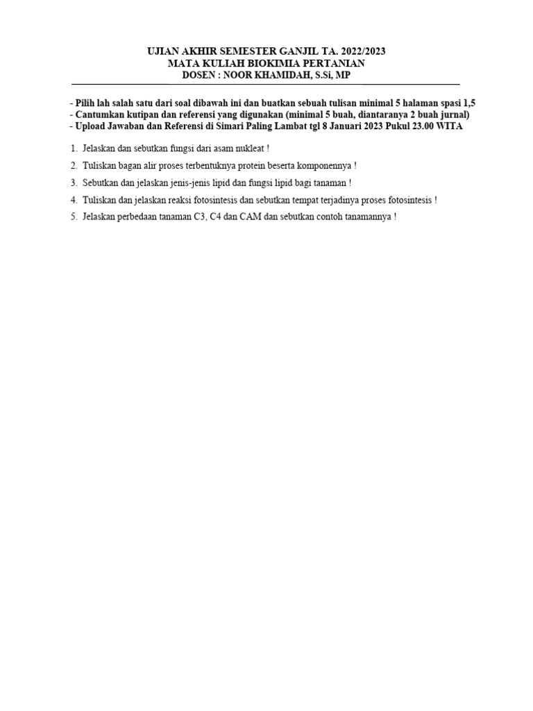 Soal UAS Biokimia 2022 | PDF