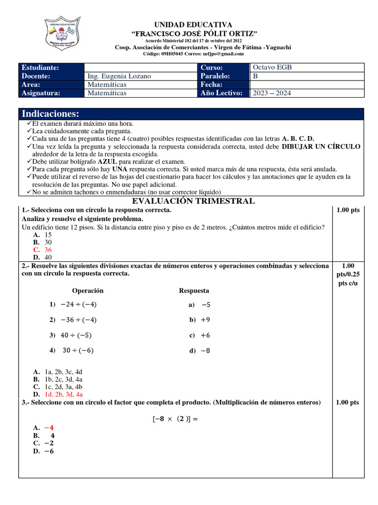 Evaluación Matemáticas 3er Trimestre | PDF | Matemática Elemental ...