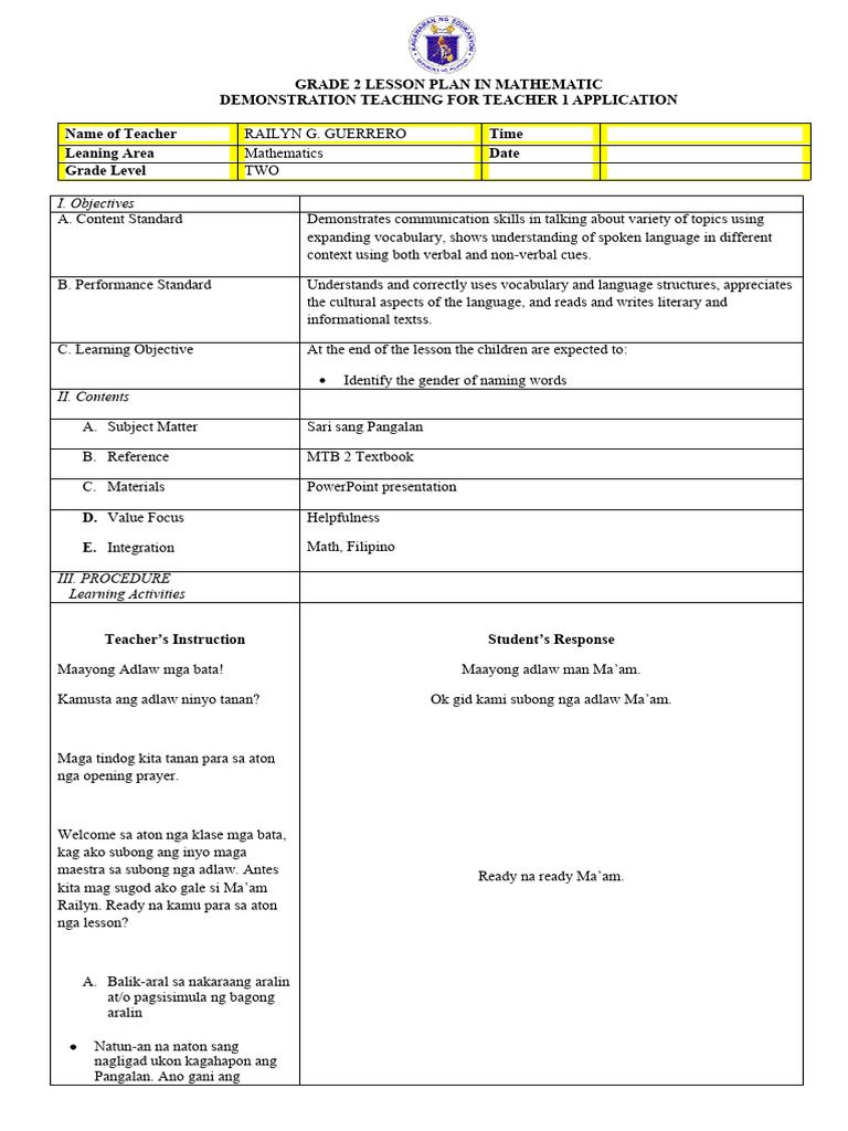 Grade 2 Lesson Plan in Mother | PDF