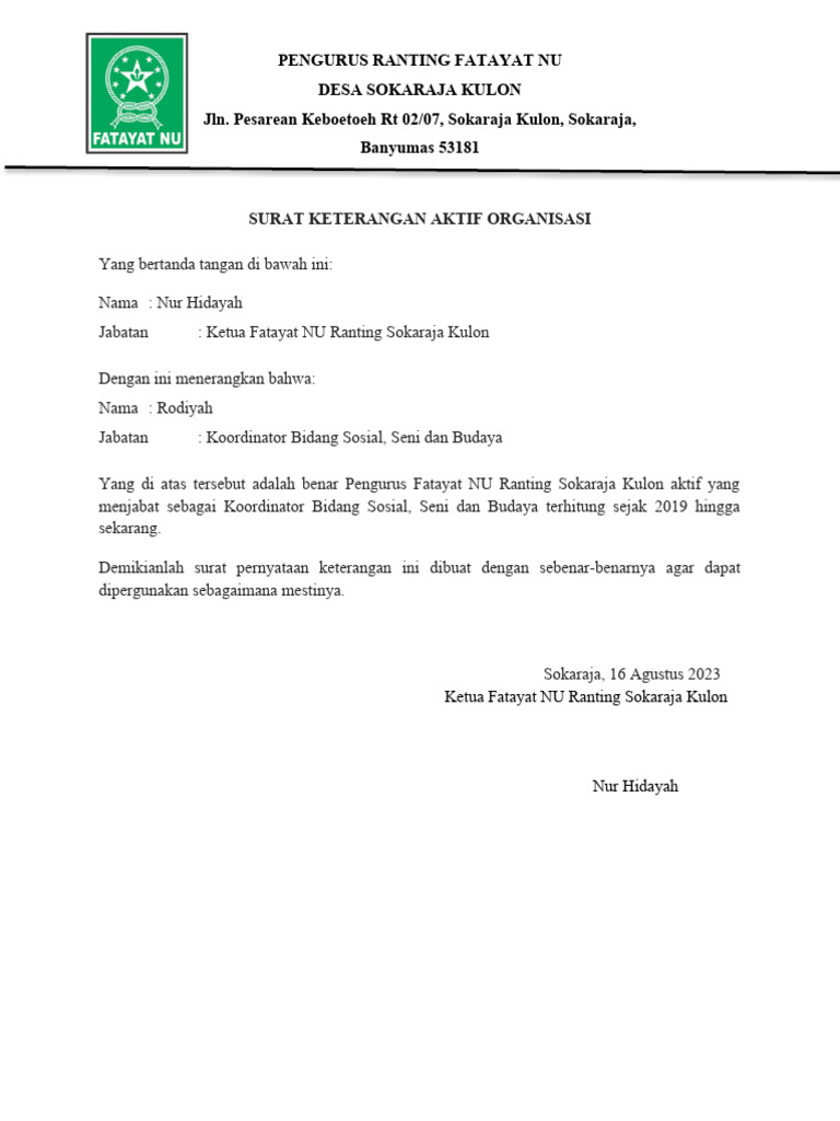Surat Keterangan Pengurus Fatayat NU | PDF