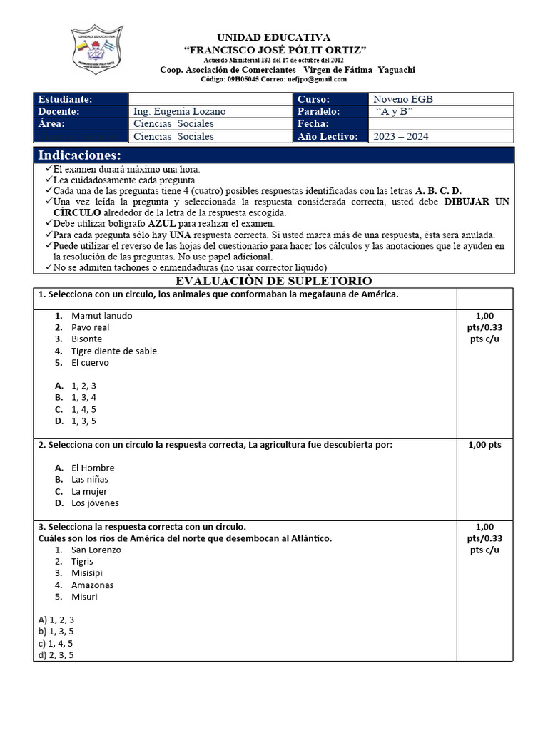 Evaluacion de Supletorio 9no | PDF | República | Ciencias Políticas