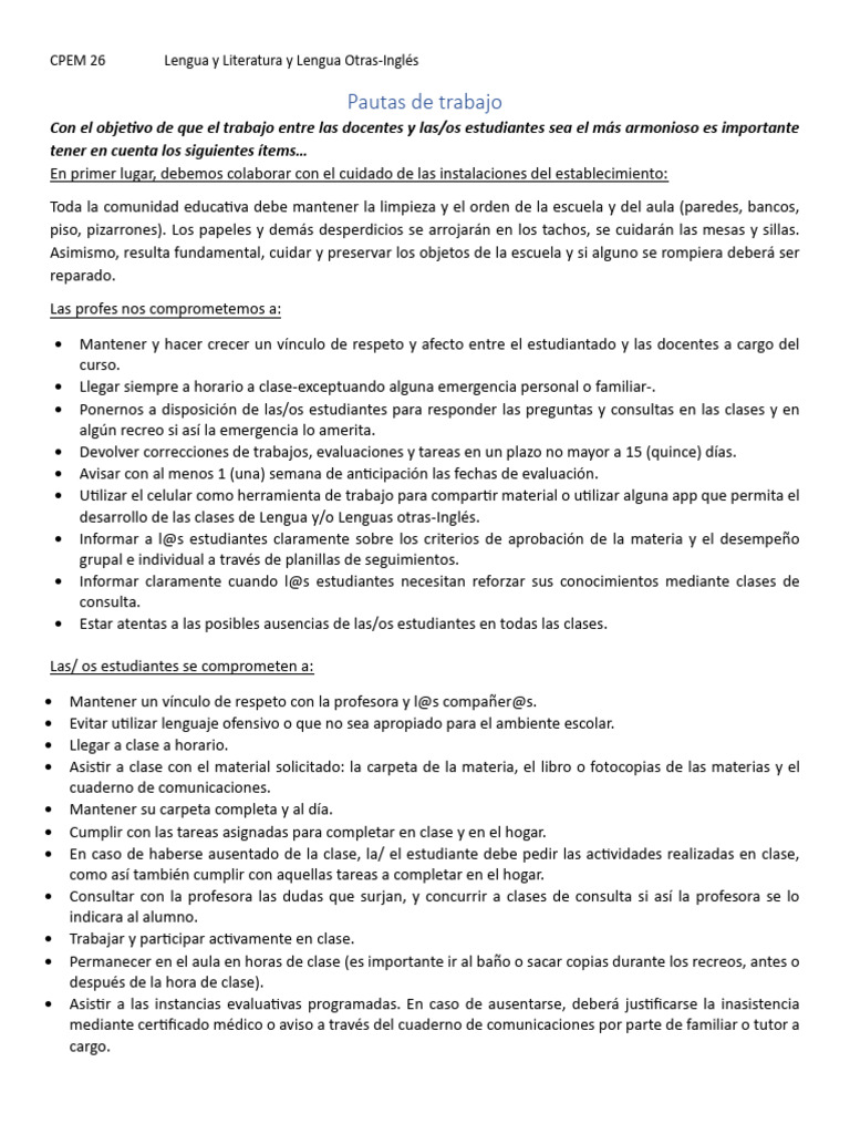 Pautas de Trabajo en Lengua e Inglés | PDF | Enseñando | Salón de clases