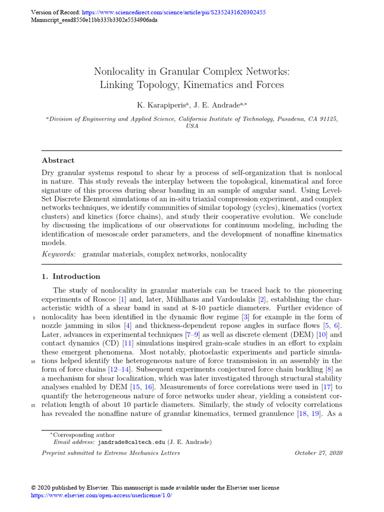 Nonlocality in granular complex networks Linking topology, kinematics and forces | PDF ...
