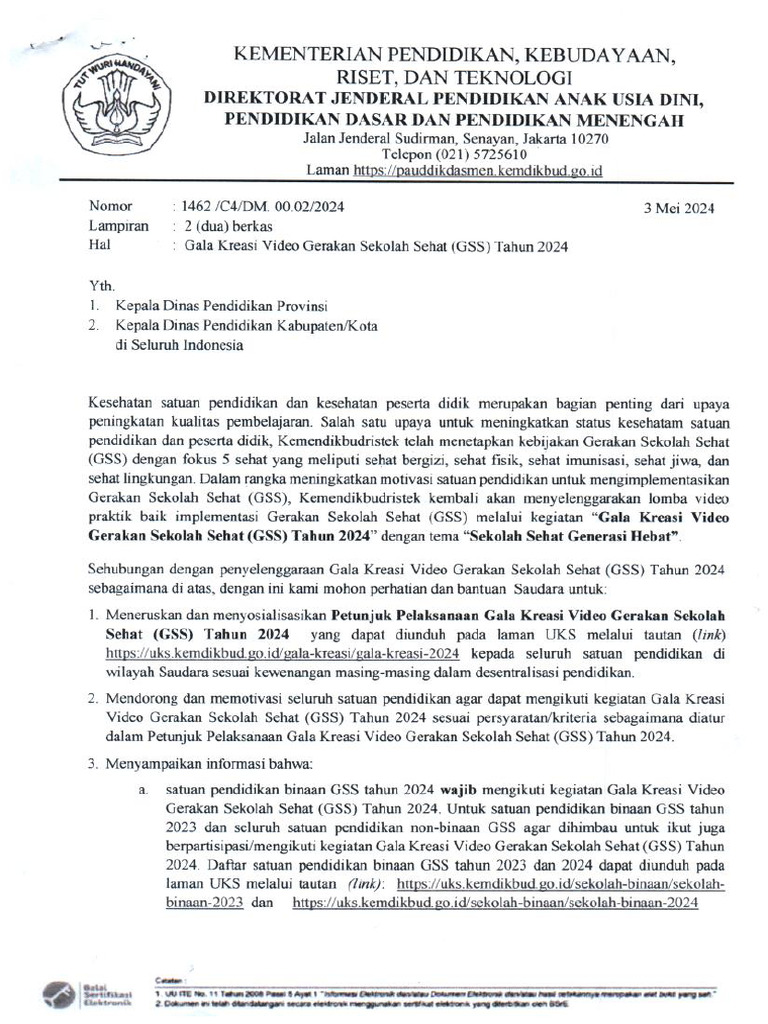 Gala Kreasi Video Gerakan Sekolah Sehat (GSS) Tahun 2024 | PDF