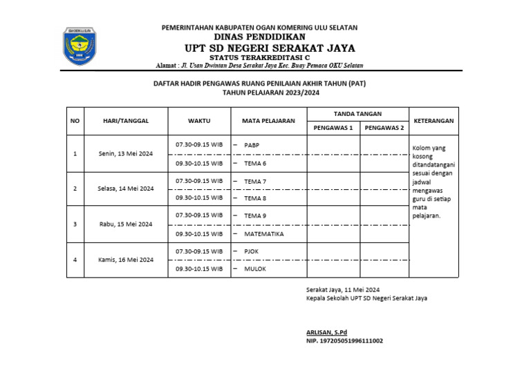 Daftar Hadir Pengawas Ruang Ulangan Semester - WWW - Kherysuryawan.id | PDF
