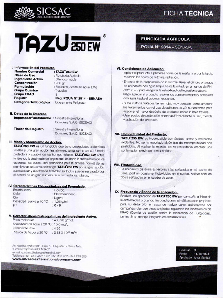 Ficha Tecnica de Tazu 250 Ew20240507 - 11104969 - 0018 | PDF