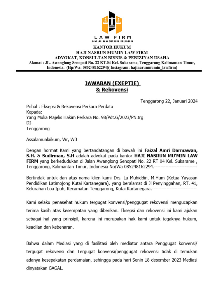 Eksepsi dan Rekovensi Perdata 2024 | PDF