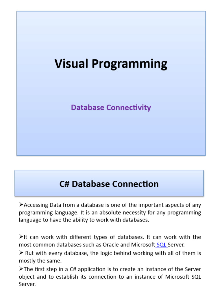 Lecture 17 Data Base Connectivity | PDF | Databases | User (Computing) Lecture 17 Data Base Connectivity | PDF | Databases | User (Computing)