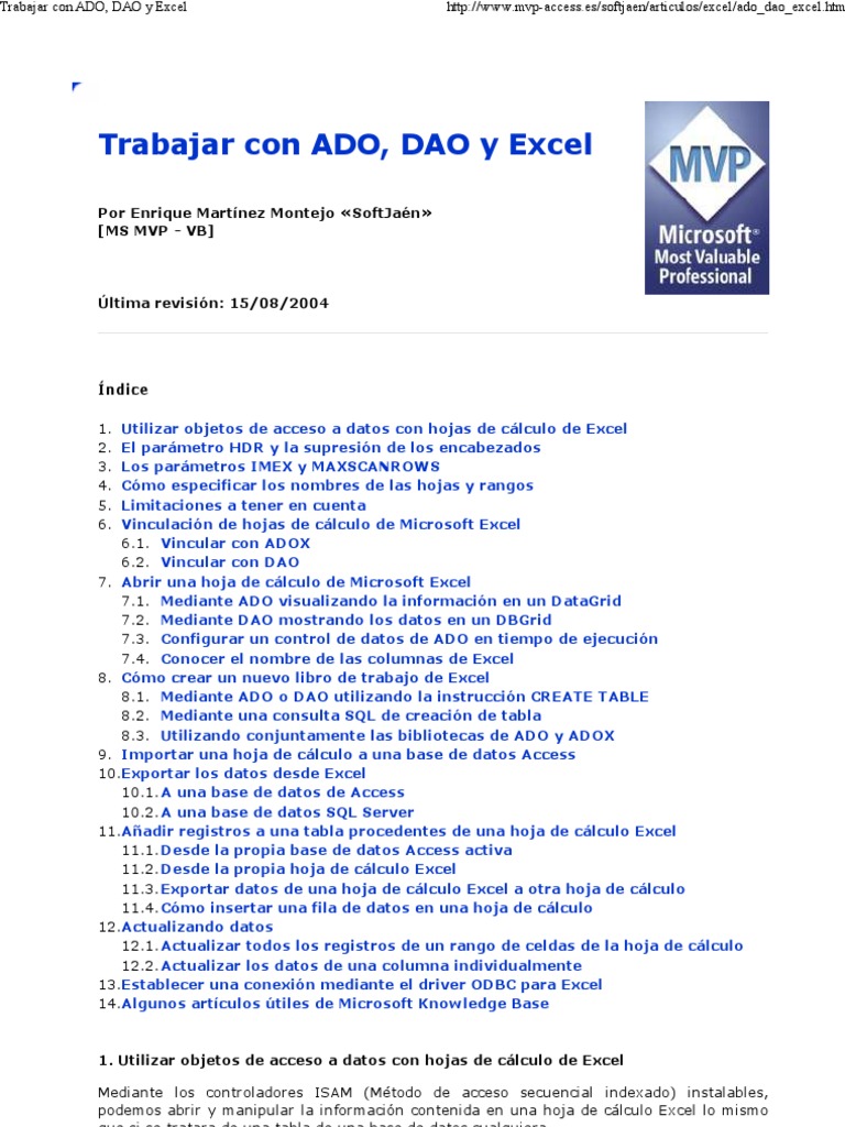 Trabajar Con ADO, DAO y Excel | PDF | Microsoft Excel | SQL