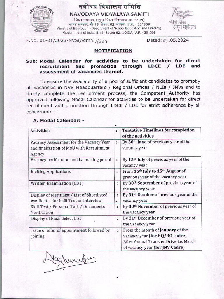 NVS Modal Calendar For Activities To Be Undertaken For Direct ...