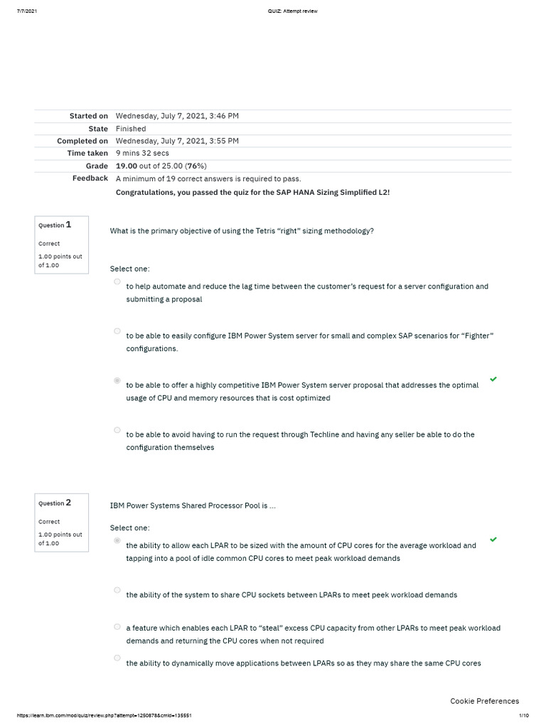 SAP HANA Sizing Quiz Review | PDF | Ibm Db2 | Databases