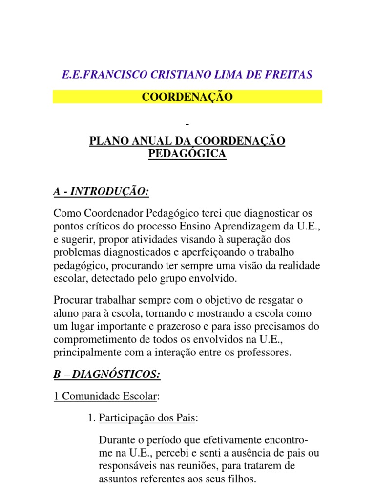 Plano Anual COORDENADOR | PDF | Pedagogia | Escolas