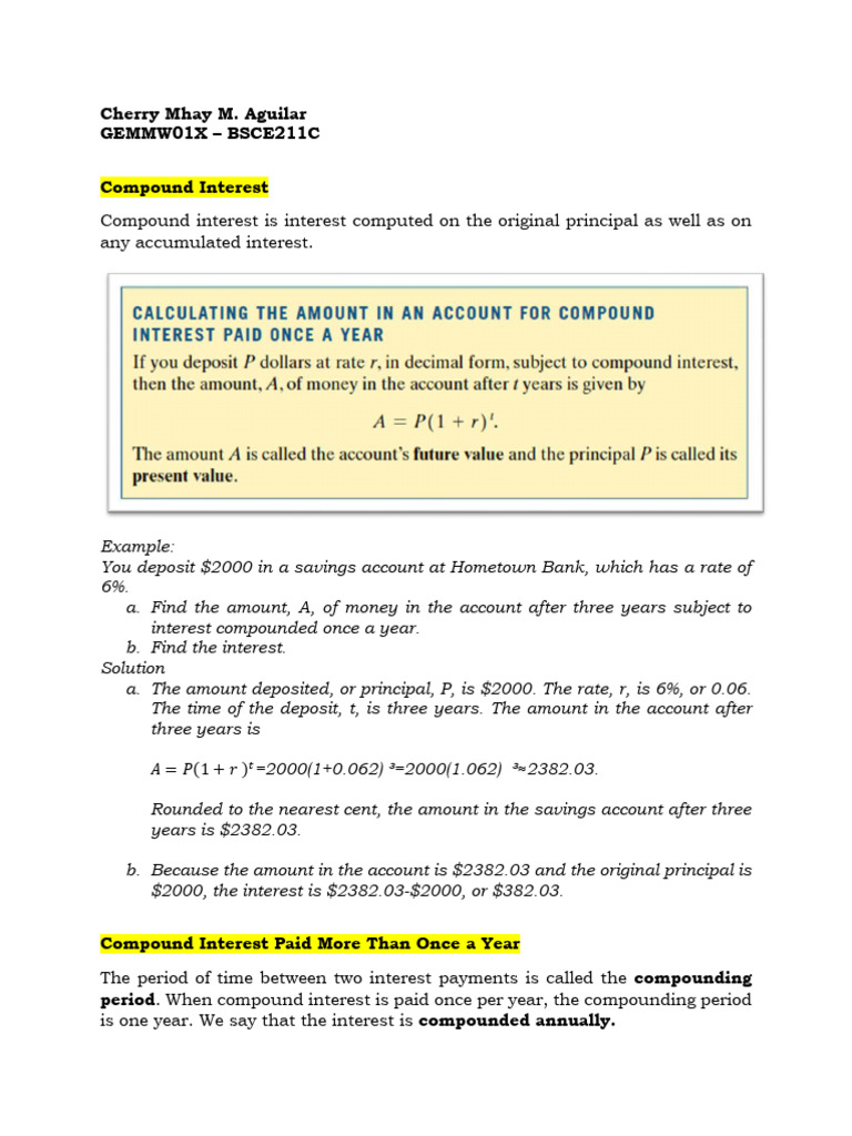 Compound Interest (Week 9) - Aguilar | PDF | Interest | Compound Interest