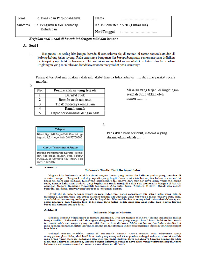 Soal UH Kelas 5 Tema 6 Subtema 3 KI-3 | PDF