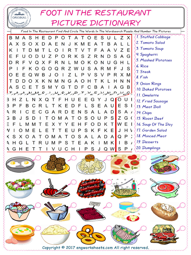 Food in The Restaurant Find and Circle The Words in The Wordsearch ...