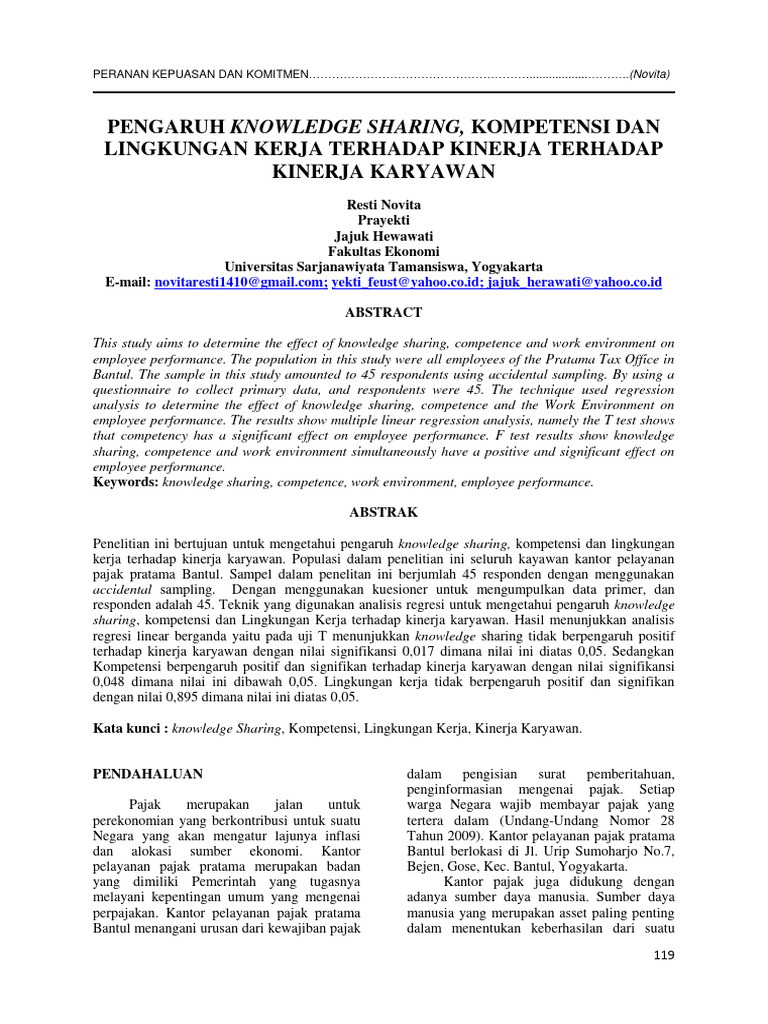 Resti - hpd-PENGARUH KNOWLEDGE SHARING KOMPETENSI DAN LINGKUNGAN KERJA TERHADAP KINERJA TERHADAP ...